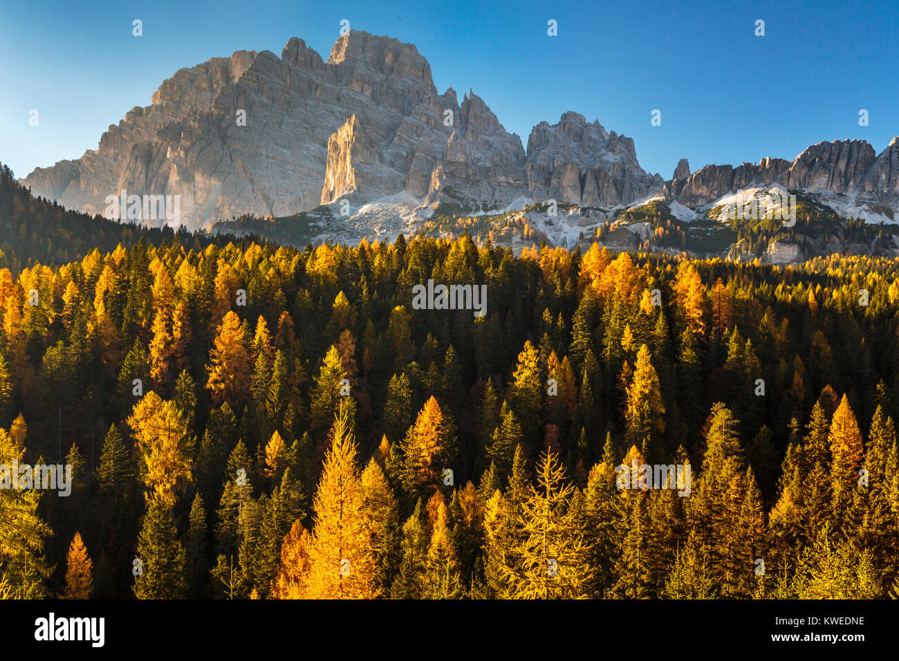 The Dolomite Alps with fall foliage color near Auronzo di Cadore ...
