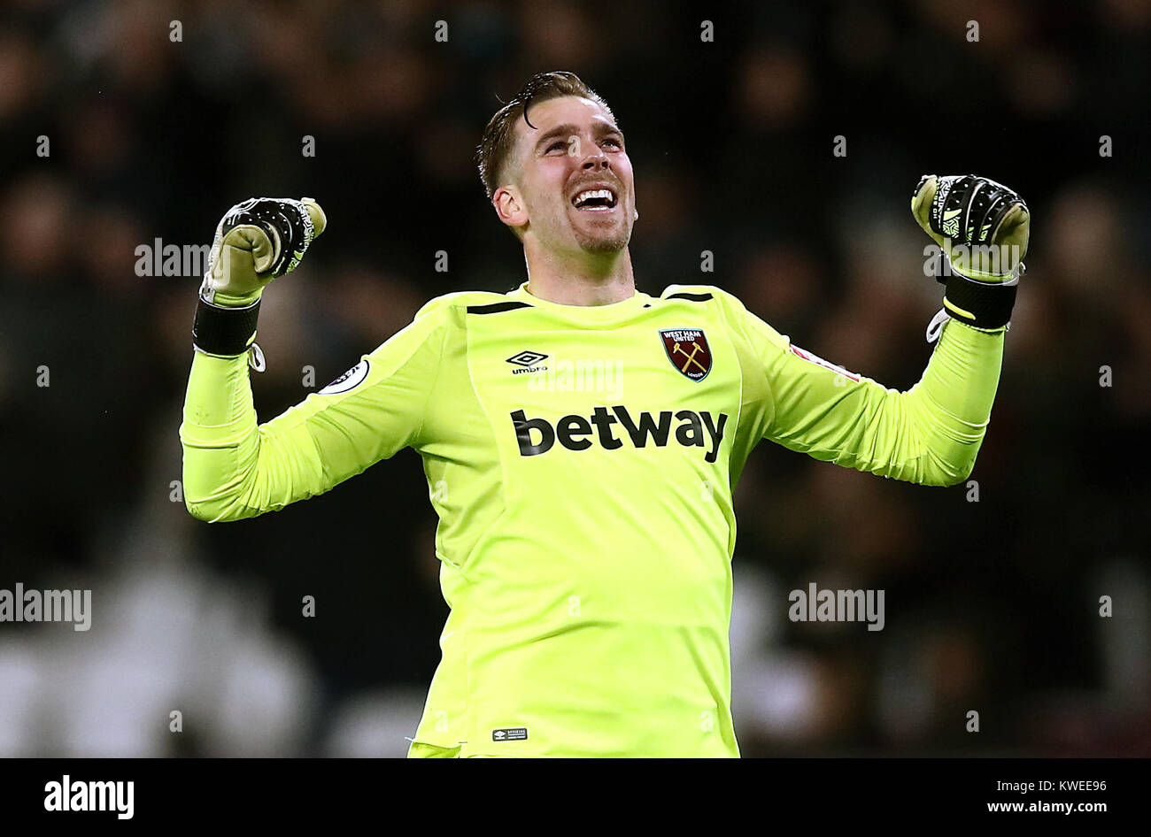 West Ham United goalkeeper Adrian celebrates their second goal of the ...