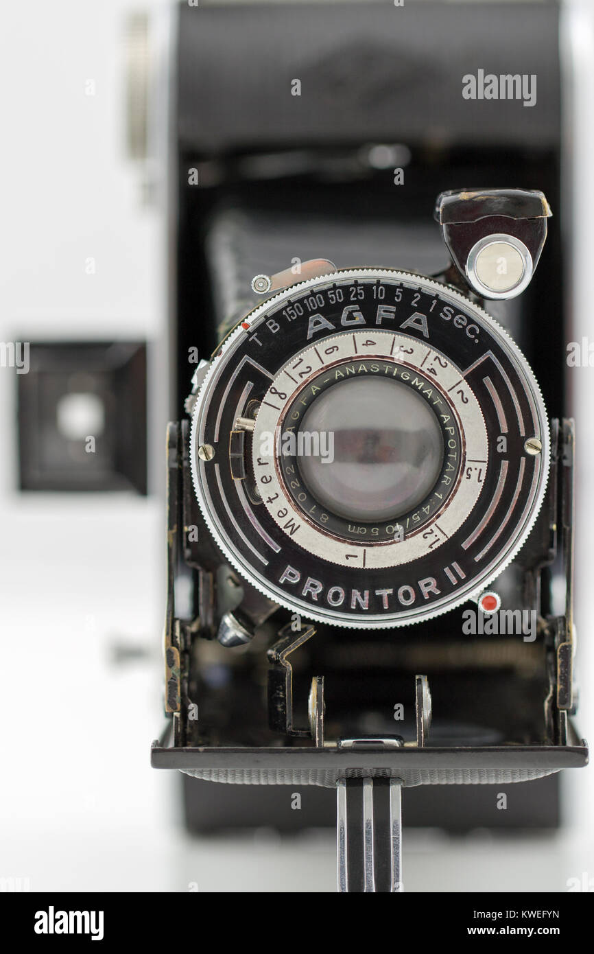 KRAKOW, POLAND - OCTOBER 9, 2017. Agfa Prontor II Vintage camera close ...