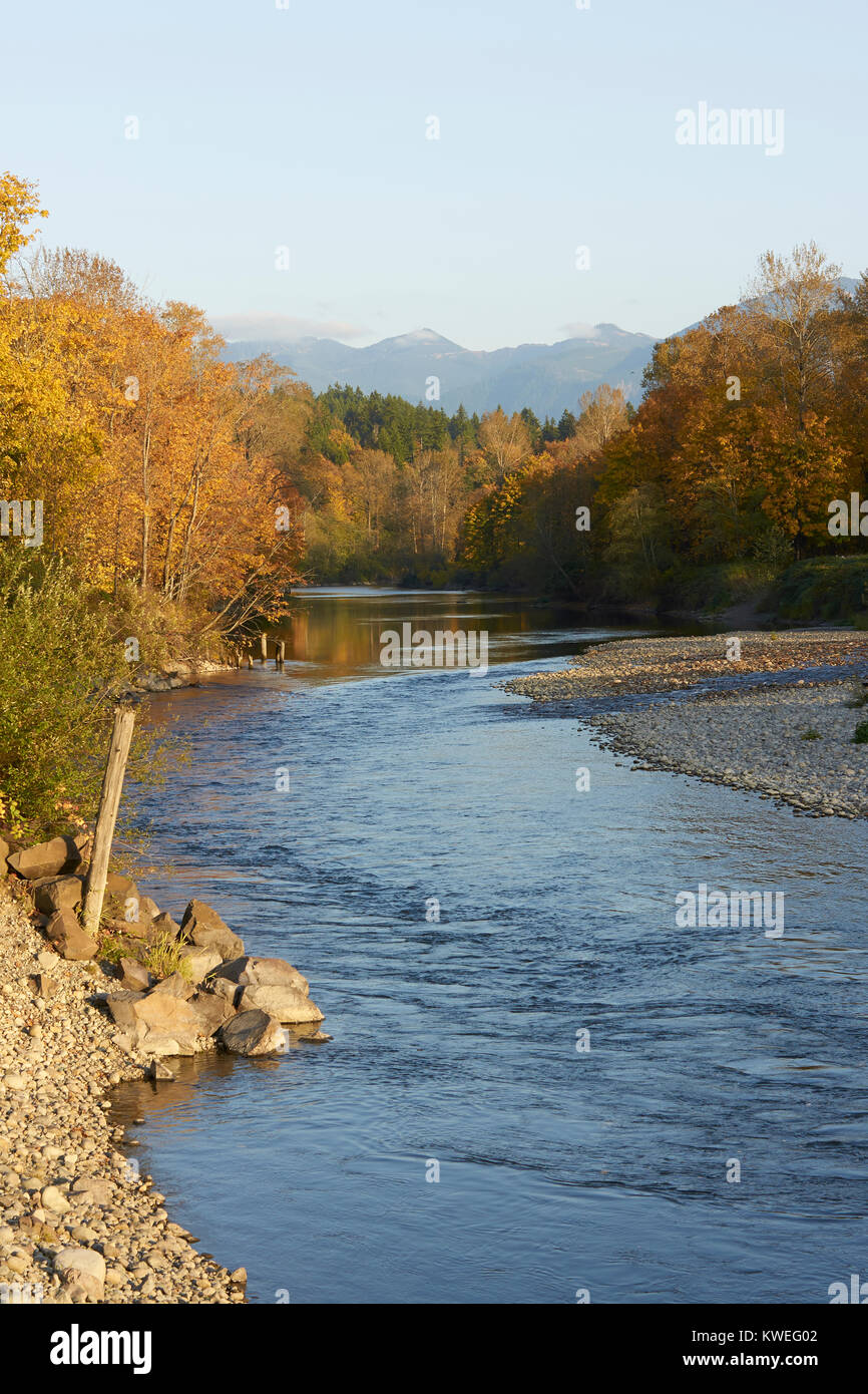 a bend in the snoqualmie river near fall city washington state with ...