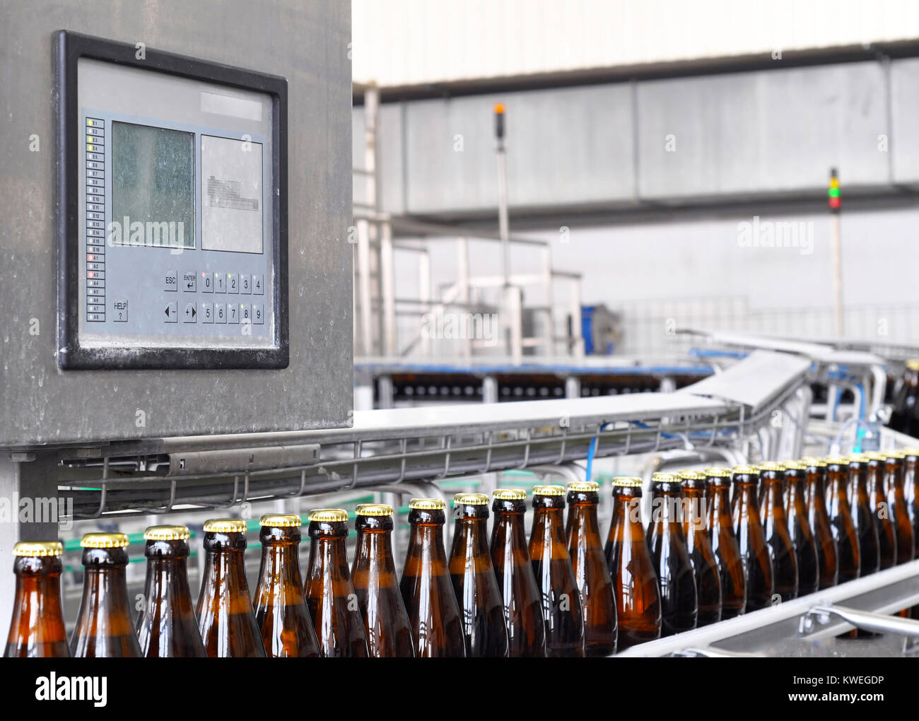 beer filling in a brewery - conveyor belt with glass bottles Stock ...
