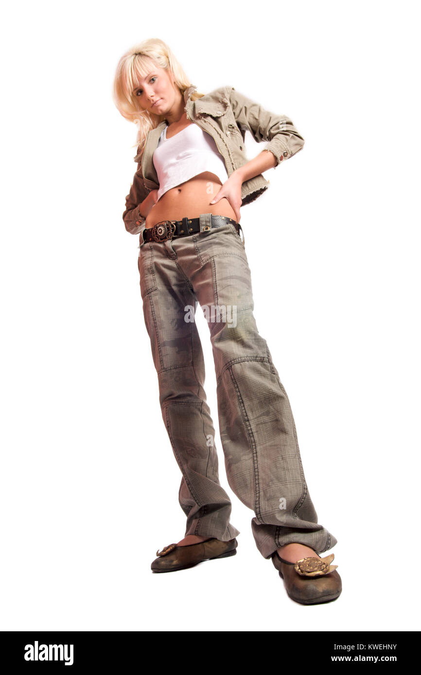 Young woman looking down at you isolated on white Stock Photo - Alamy