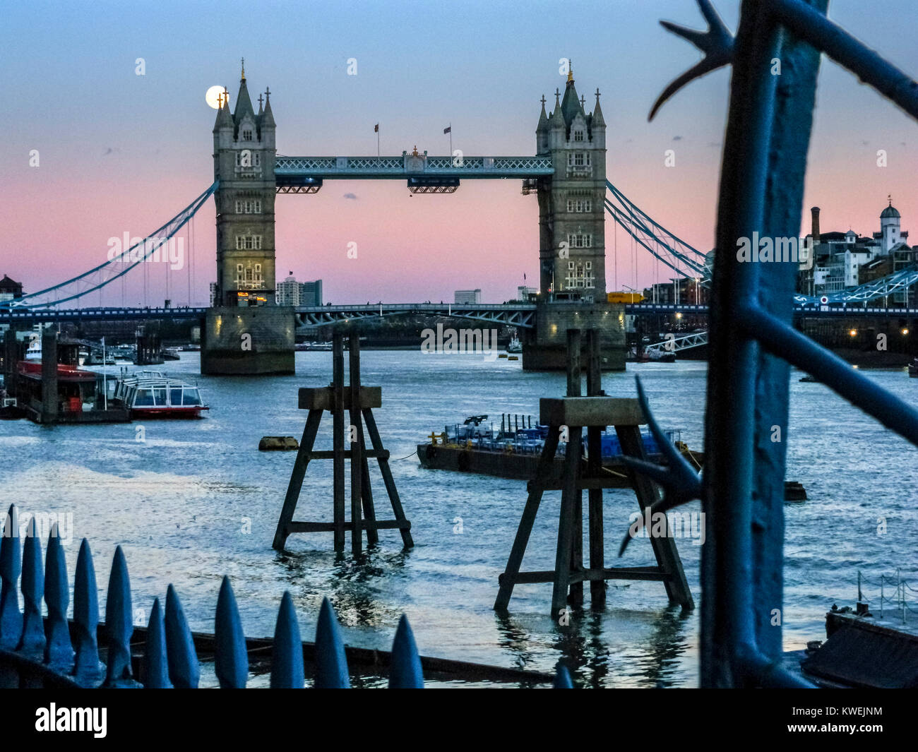Tower Bridge at dusk and the rising moon Stock Photo - Alamy