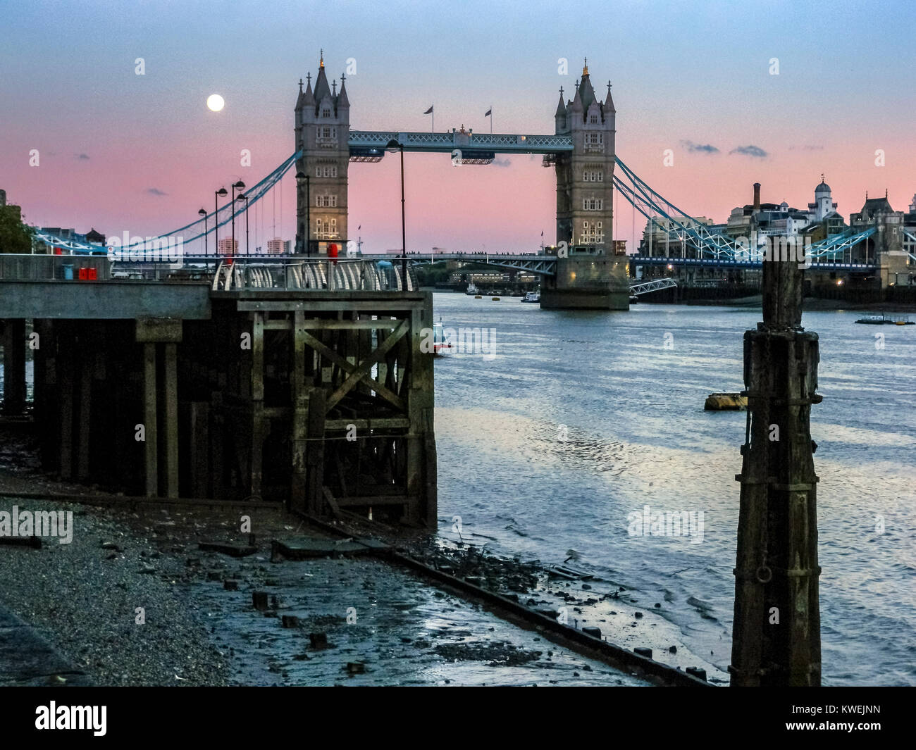 Tower Bridge at dusk and the rising moon Stock Photo - Alamy