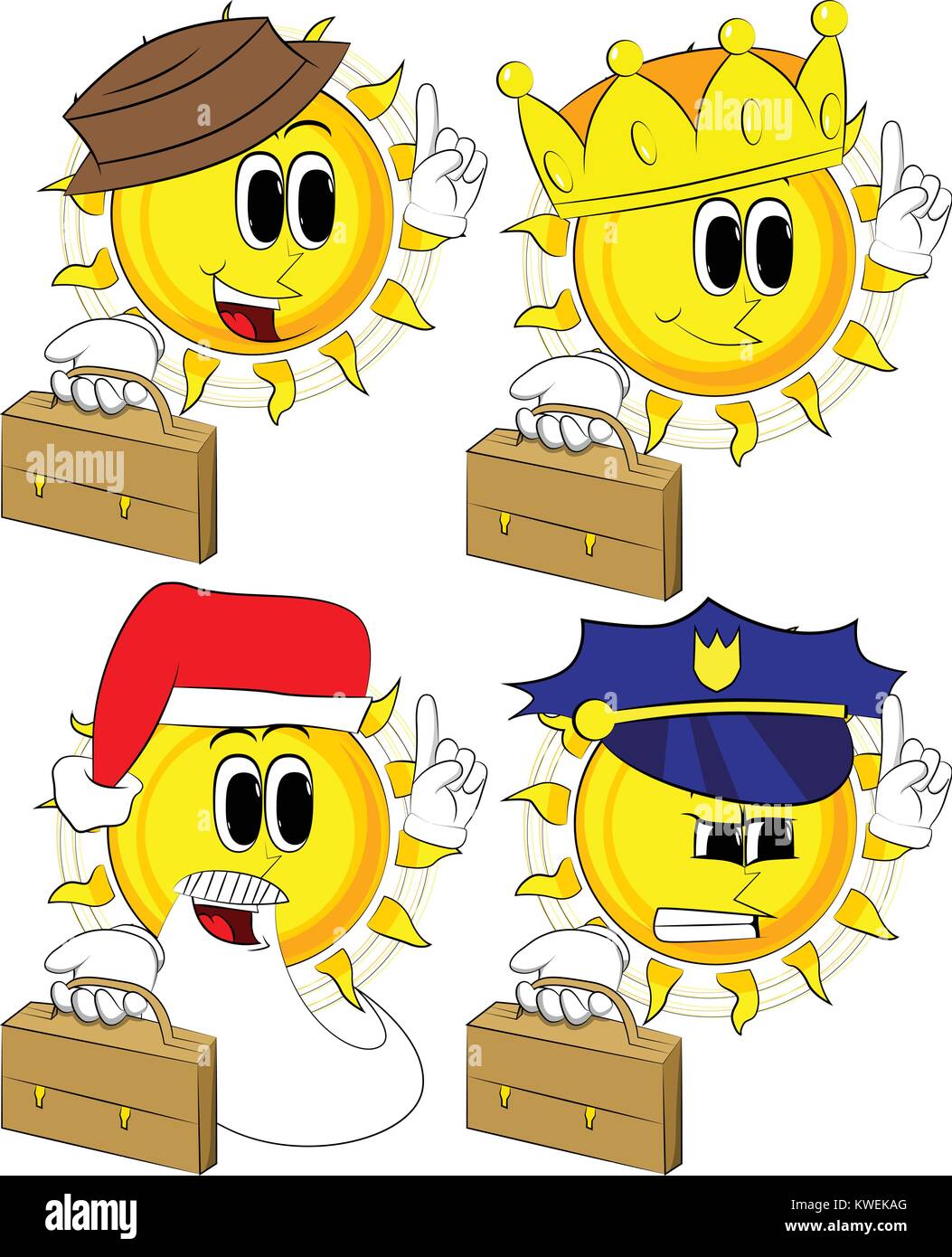 Cartoon sun holding suitcase and making a point. Collection with ...
