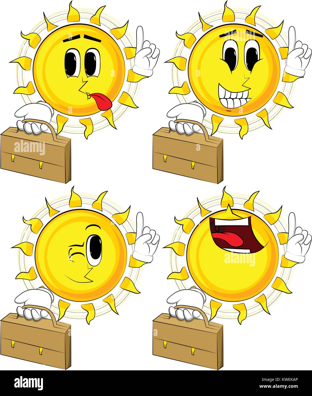 Cartoon sun holding suitcase and making a point. Collection with happy ...