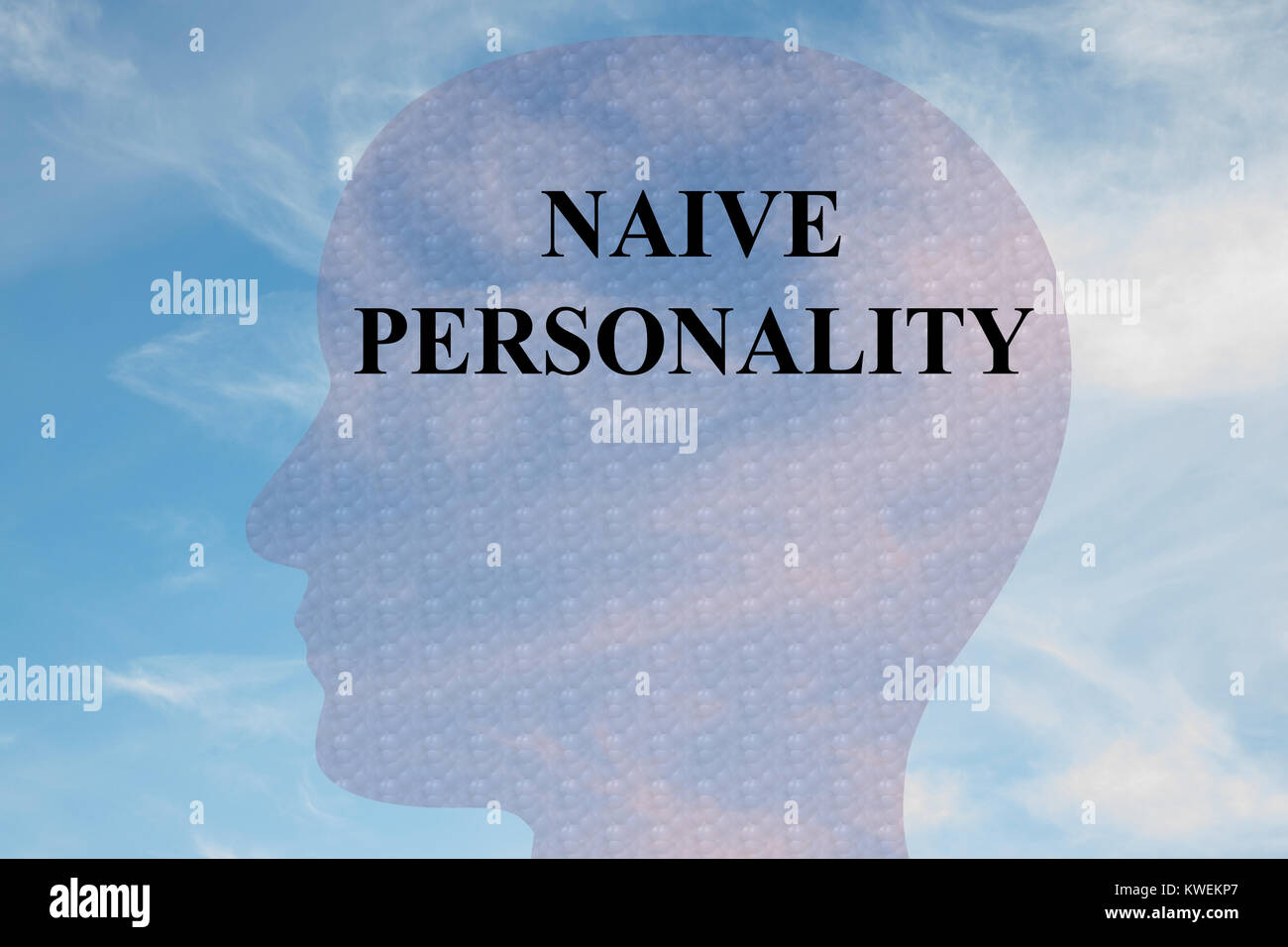 Render illustration of NAIVE PERSONALITY title on head silhouette, with ...