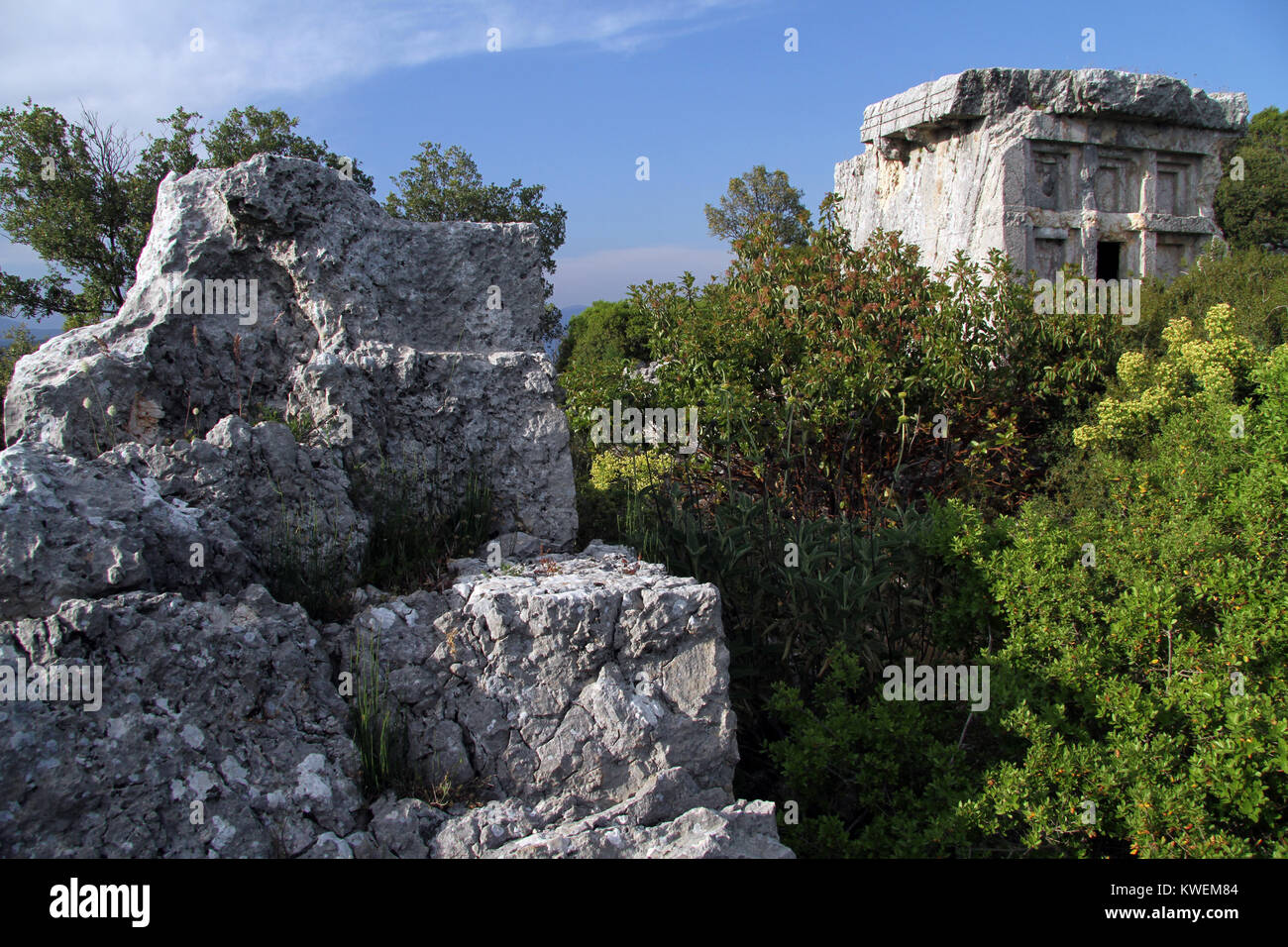 Ruins and sarcophagus in ancient Phellos near Kash, Turkey Stock Photo ...