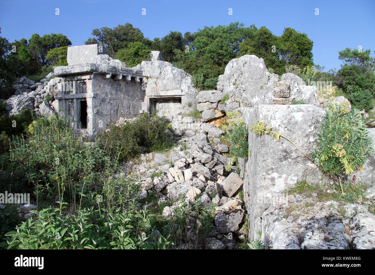 Sarcophaguses and ruins of ancient Phellos near Kash, Turkey Stock ...