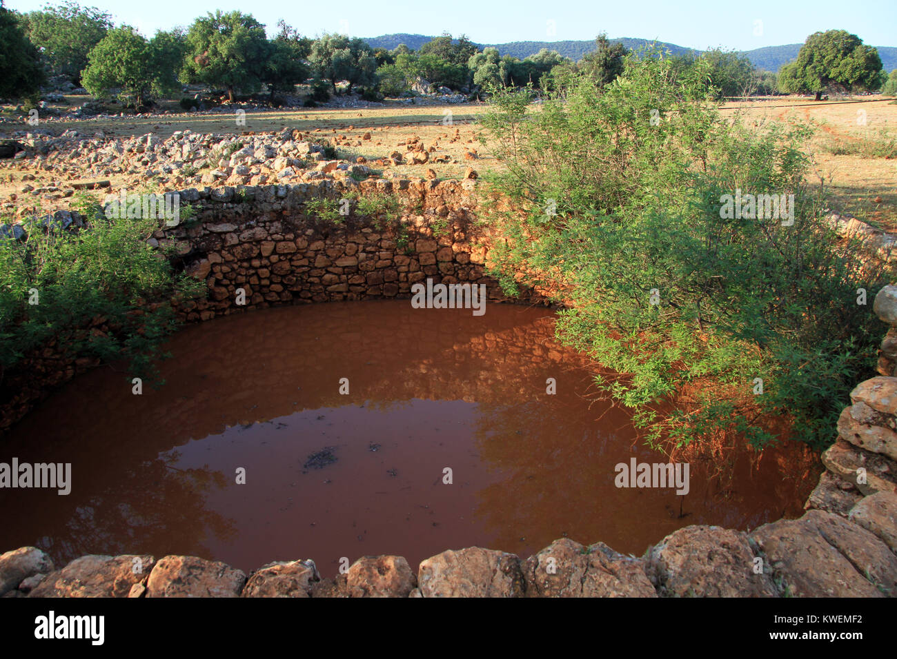 Farm field and well with dirt water foe animals Stock Photo - Alamy