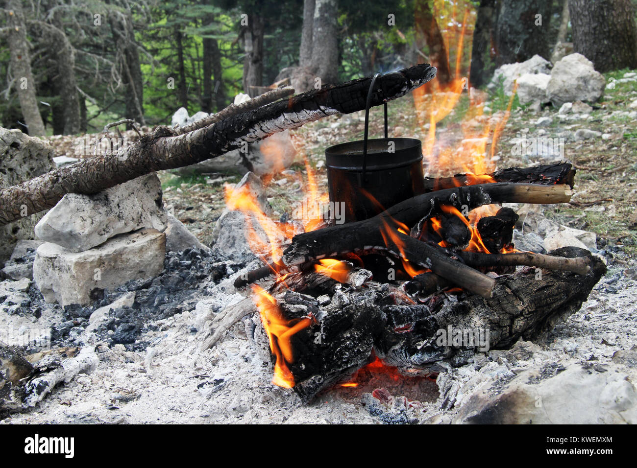 Black bucket on the stick under the bonfire in forest Stock Photo - Alamy