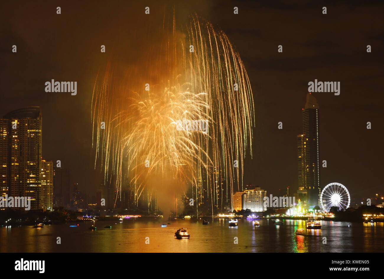 new year celebration fireworks on river in Thailand Stock Photo - Alamy