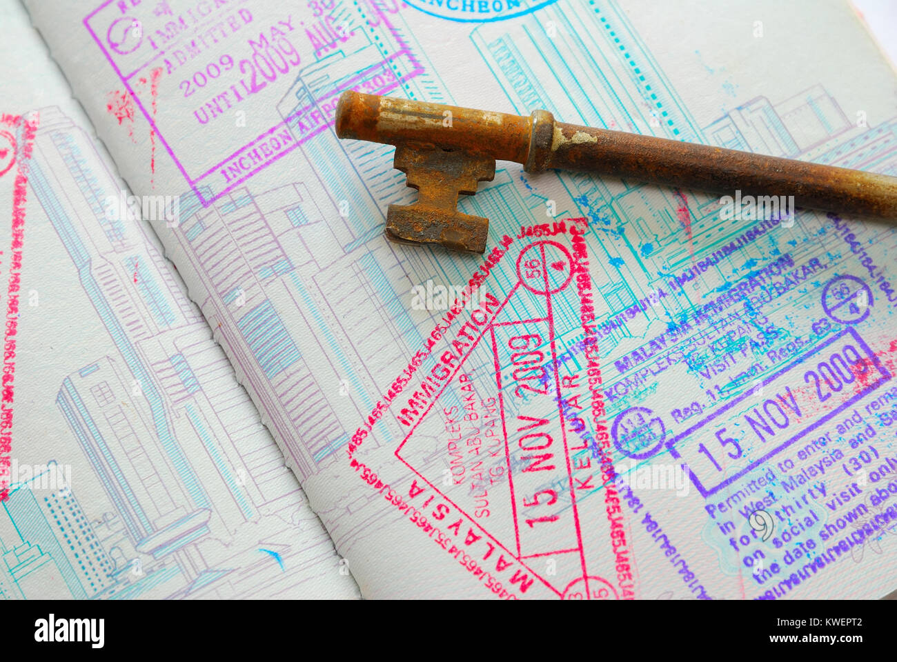 Key on passport full of immigration stamps signifying key to the world ...