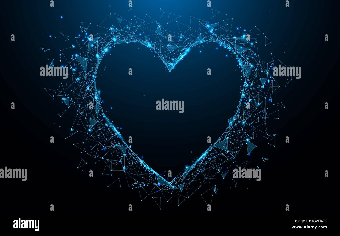 Abstract Heart icon form lines and triangles, point connecting network ...