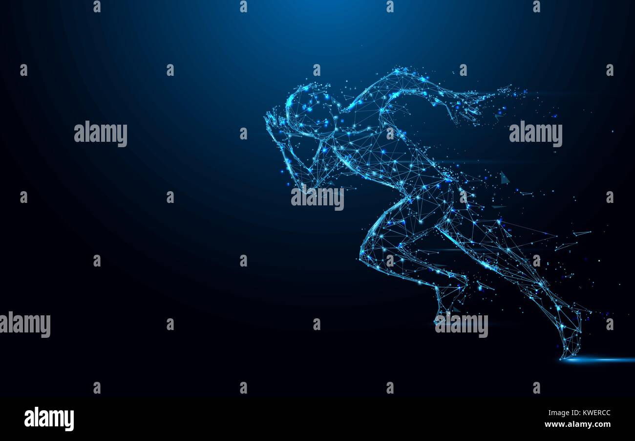Abstract running man form lines and triangles, point connecting network on blue background ...