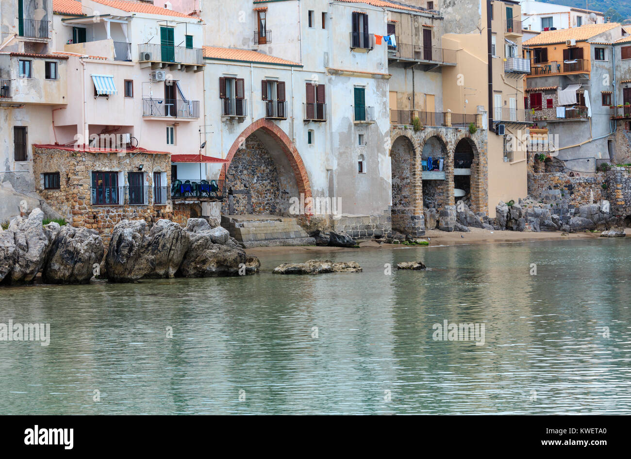 Cefalu old beautiful town beach view, Palermo region, Sicily, Italy ...