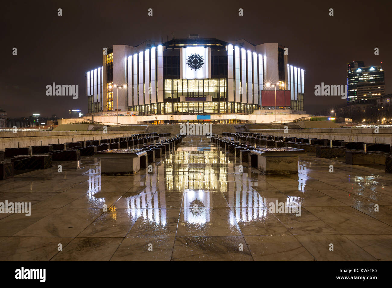National Palace of Culture (NDK) at night in Bulgaria's capital Sofia ...