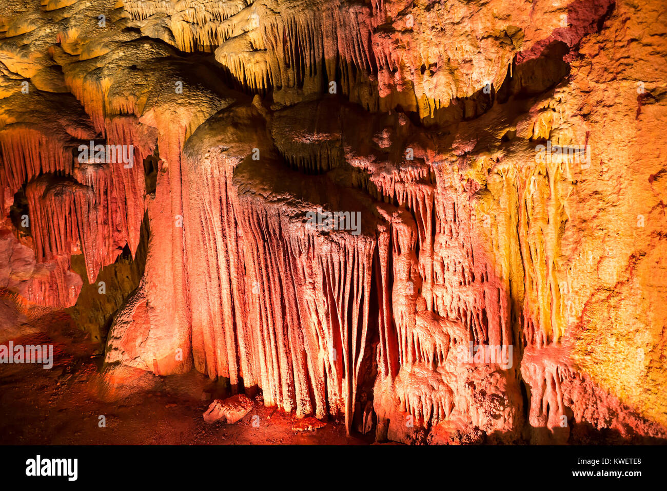 Venetsa Cave in Bulgaria. Beautiful colorful and illuminated cave full ...