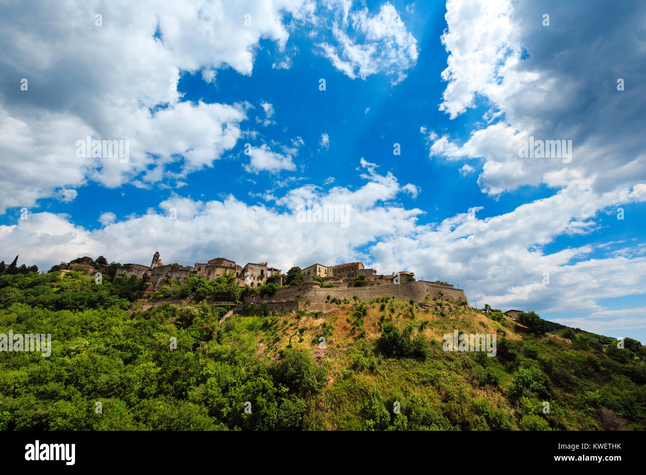 Old Belmonte Calabro town on mountain hill top, province of Cosenza ...