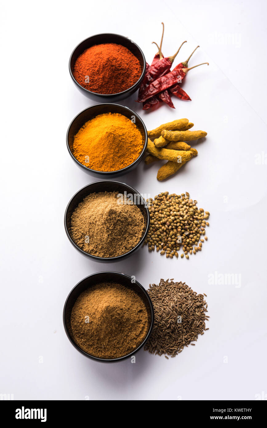 Indian colourful spices. Group photo of four basic Indian spices like ...
