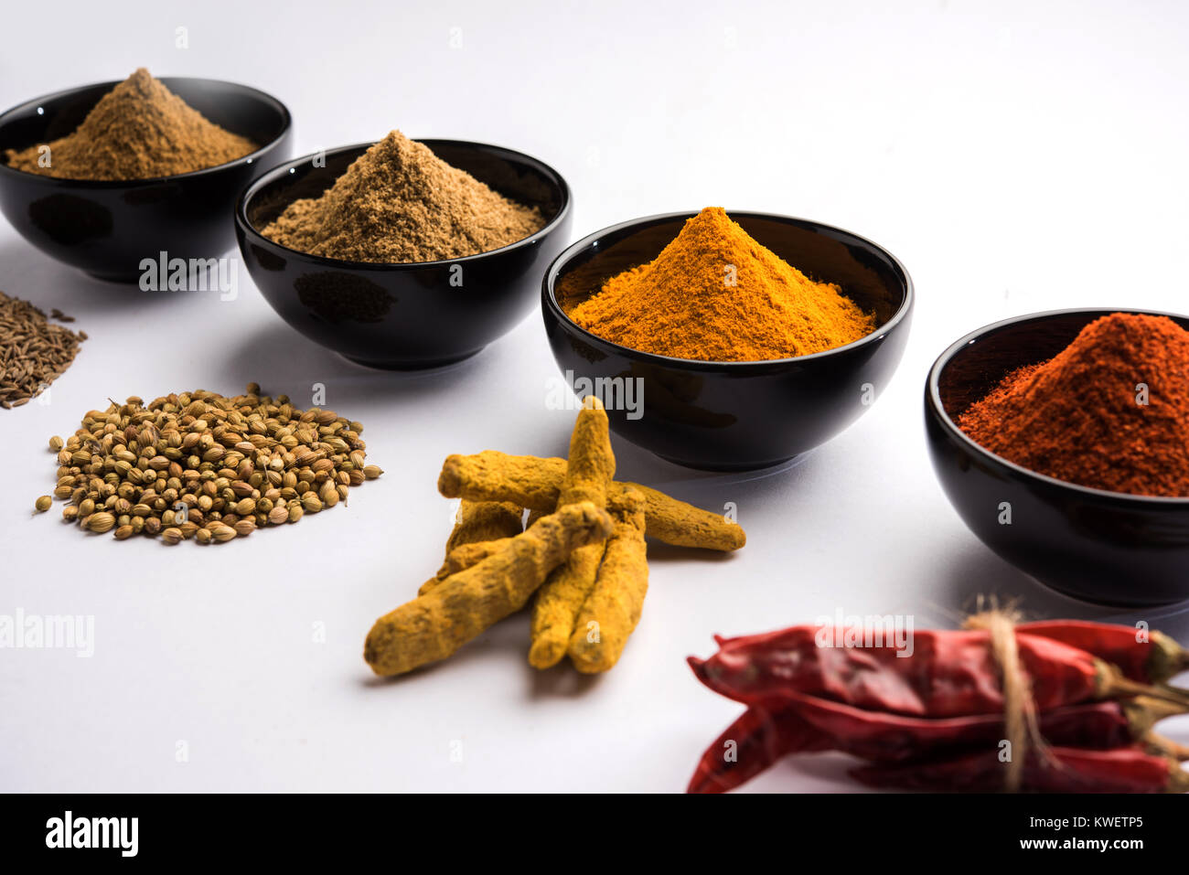 Indian colourful spices. Group photo of four basic Indian spices like ...