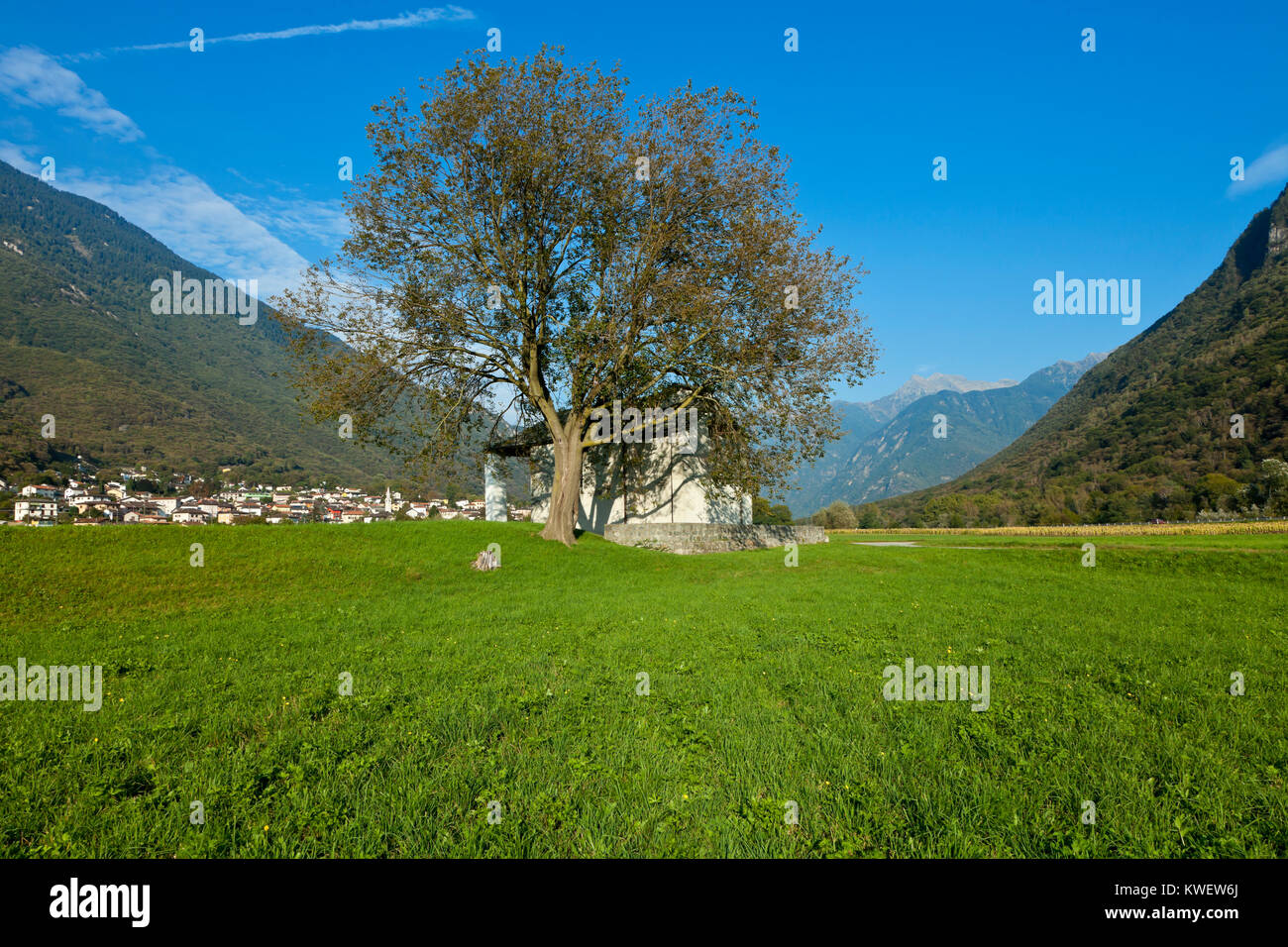 mountain landscape with tree and small church Stock Photo - Alamy
