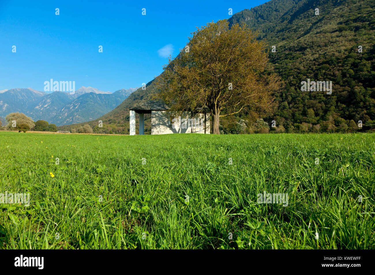 mountain landscape with tree and small church Stock Photo - Alamy