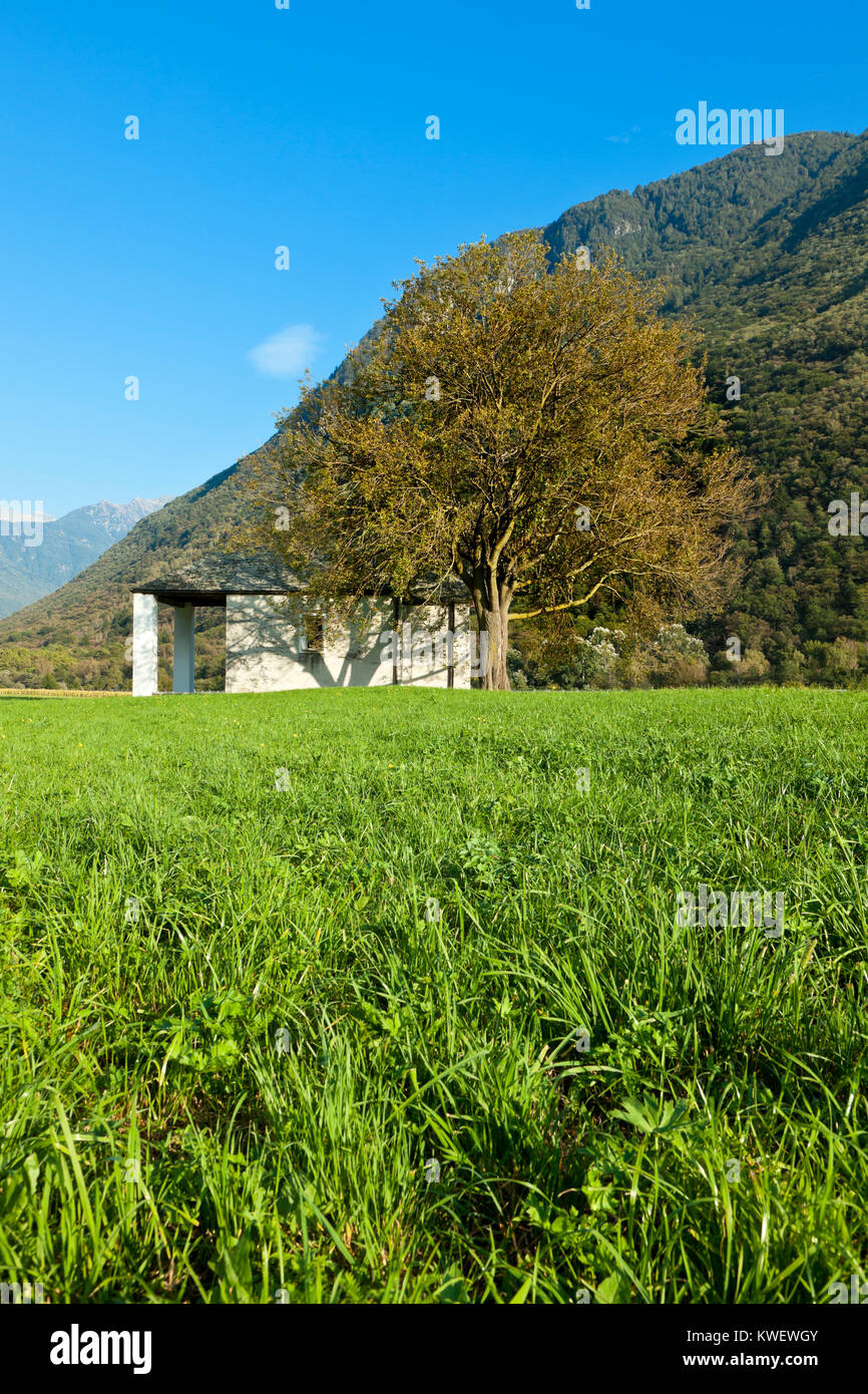 mountain landscape with tree and small church Stock Photo - Alamy