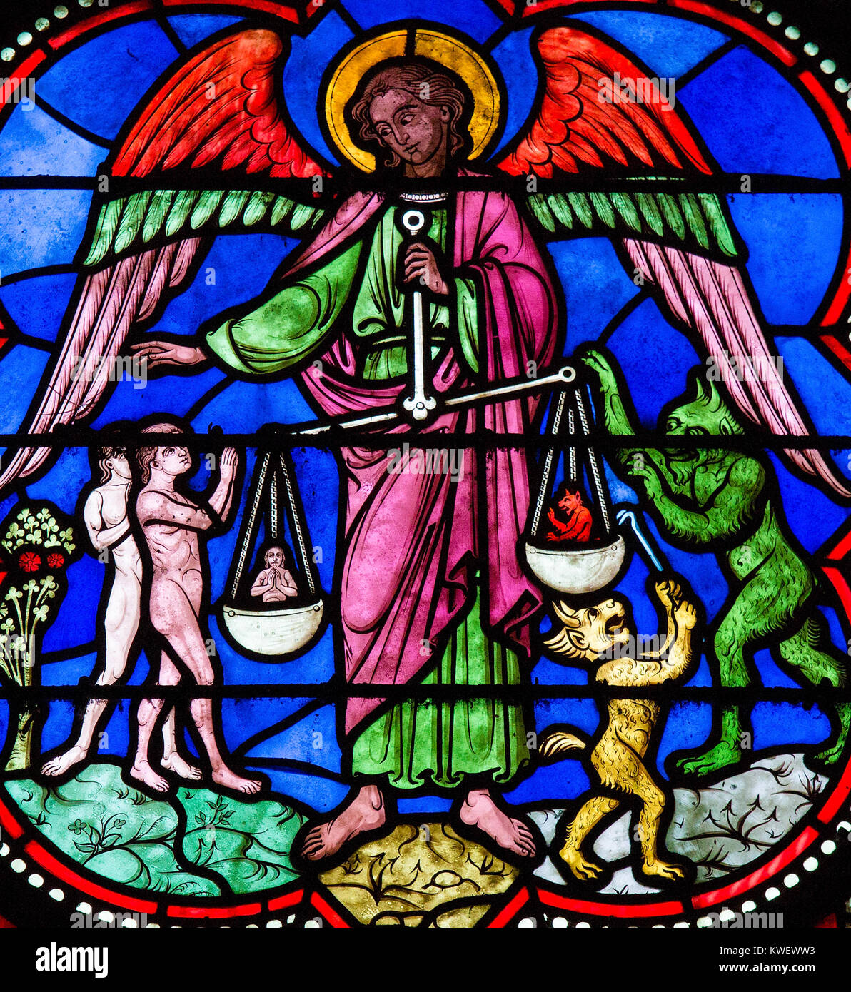 Stained glass window depicting Saint Michael the Archangel at the Final ...