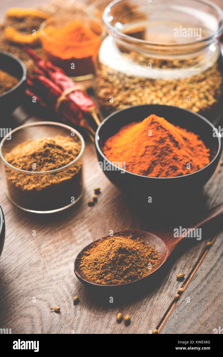 Indian colourful spices. Group photo of four basic Indian spices like ...