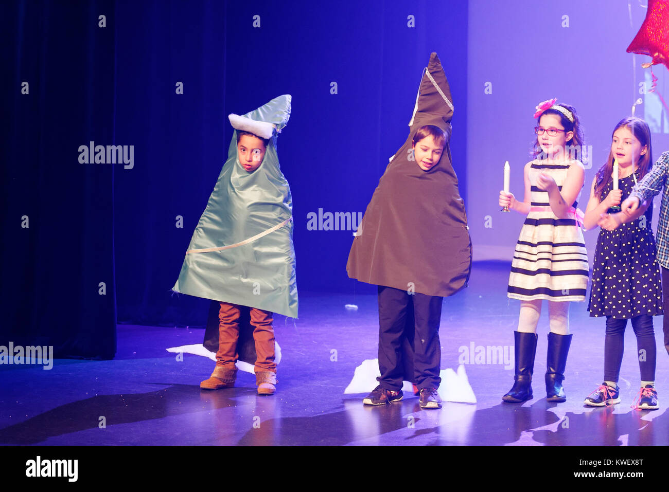 Children dressed as pine trees during their christmas show Stock Photo ...
