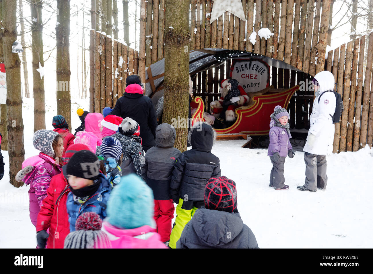 A queue of children waiting in a forest to see father christmas on a ...