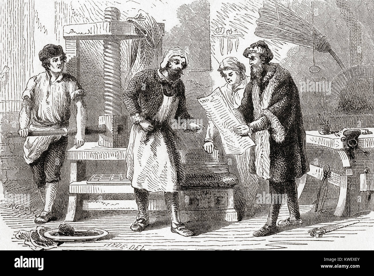 Gutenburg printing the first page of the Bible, 1439. Johannes ...