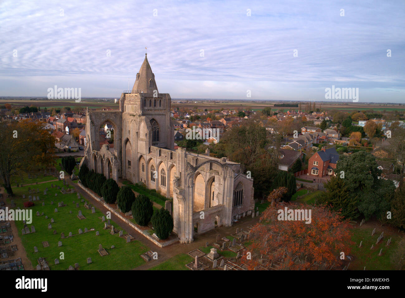 Autumn, Ariel view of Crowland Abbey; Crowland town; Lincolnshire ...