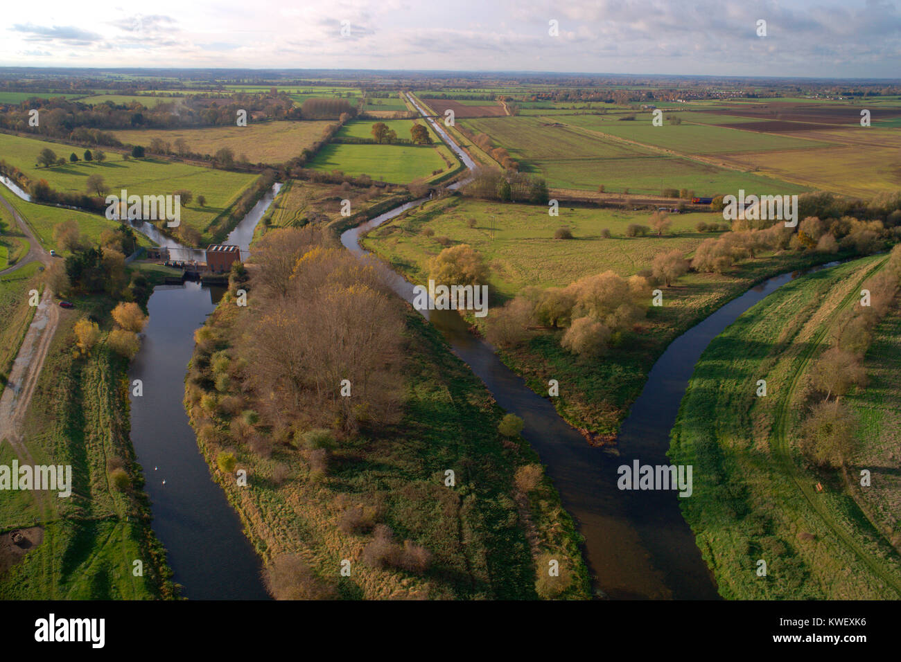 Ariel view of the river Welland, Peakirk village, Cambridgeshire ...
