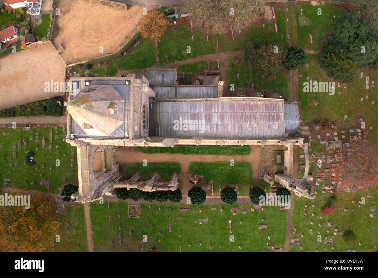 Autumn, Ariel view of Crowland Abbey; Crowland town; Lincolnshire ...