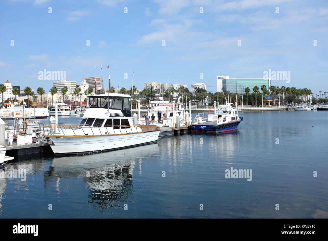 LONG BEACH, CA - FEBRUARY 21, 2015: Boats at Rainbow Harbor. Rainbow ...