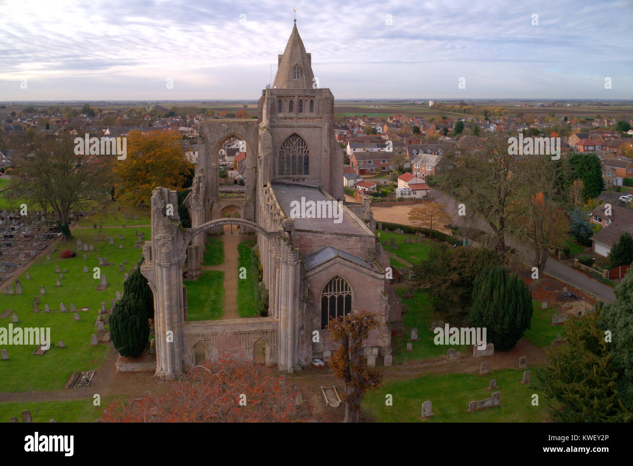 Autumn, Ariel view of Crowland Abbey; Crowland town; Lincolnshire ...