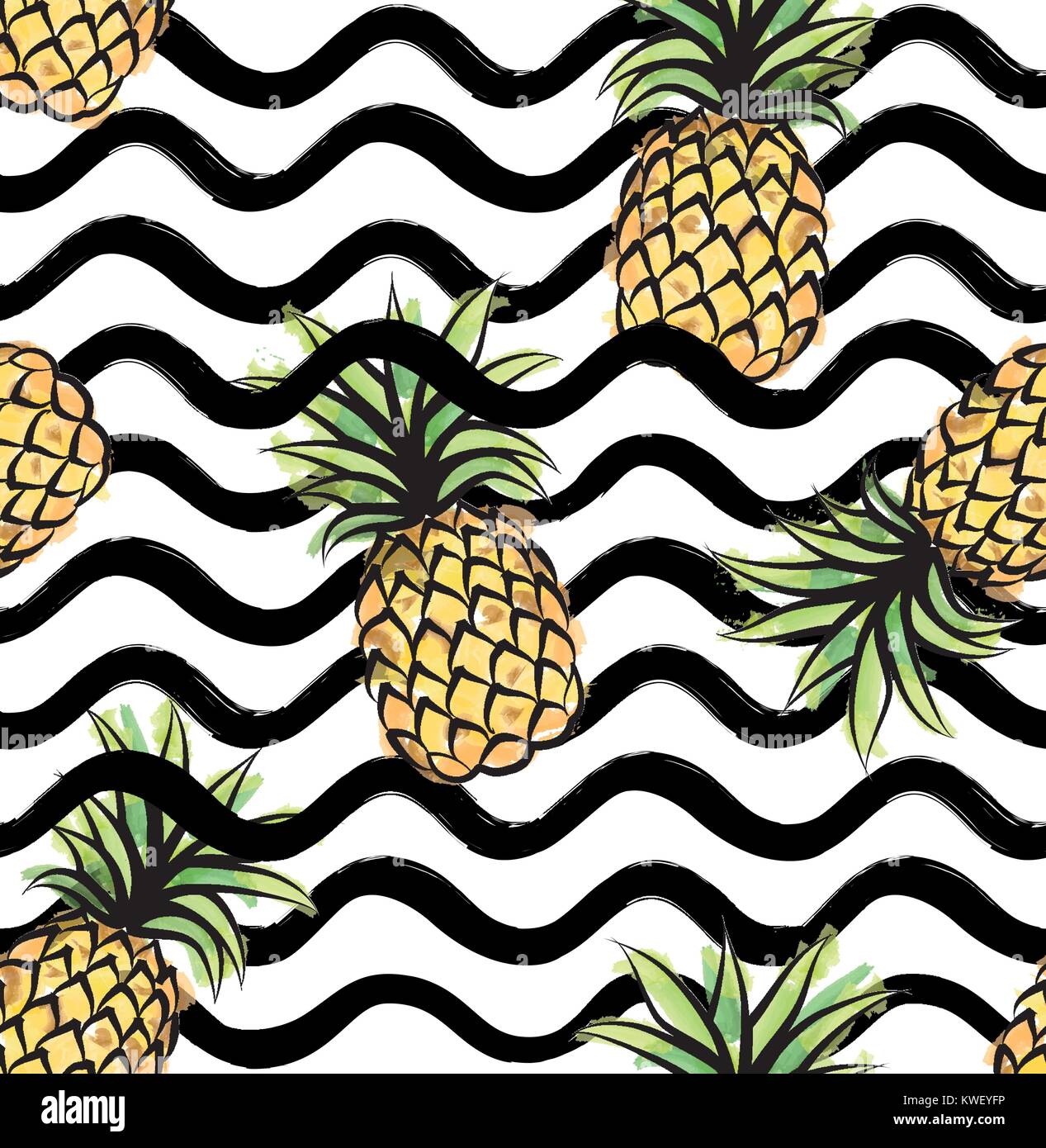 Abstract wave seamless pattern with pineapple. Stylish geometric background. Fruit ornamental ...