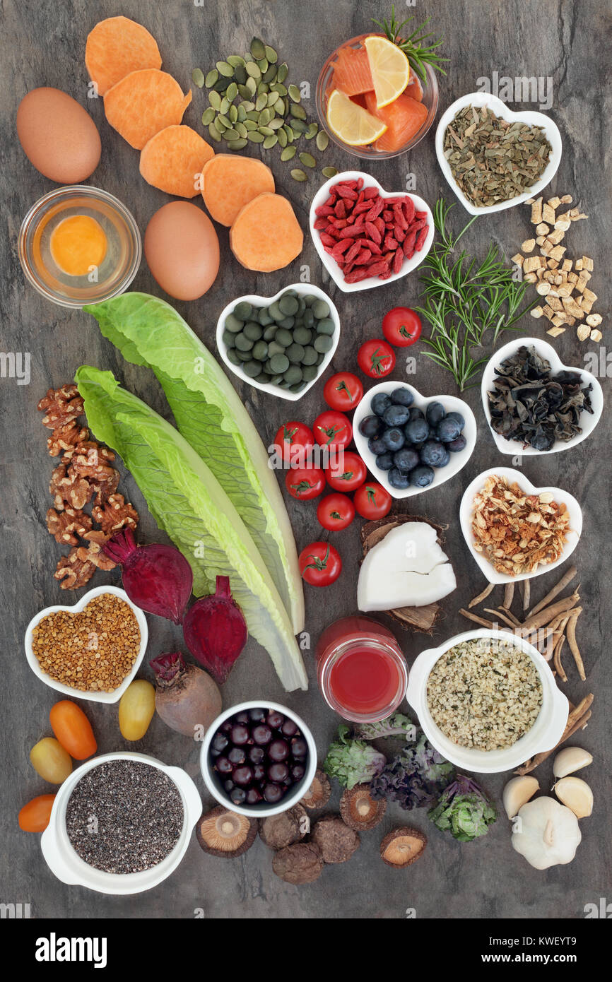 Super food to boost brain power concept with fish, vegetables, fruit ...