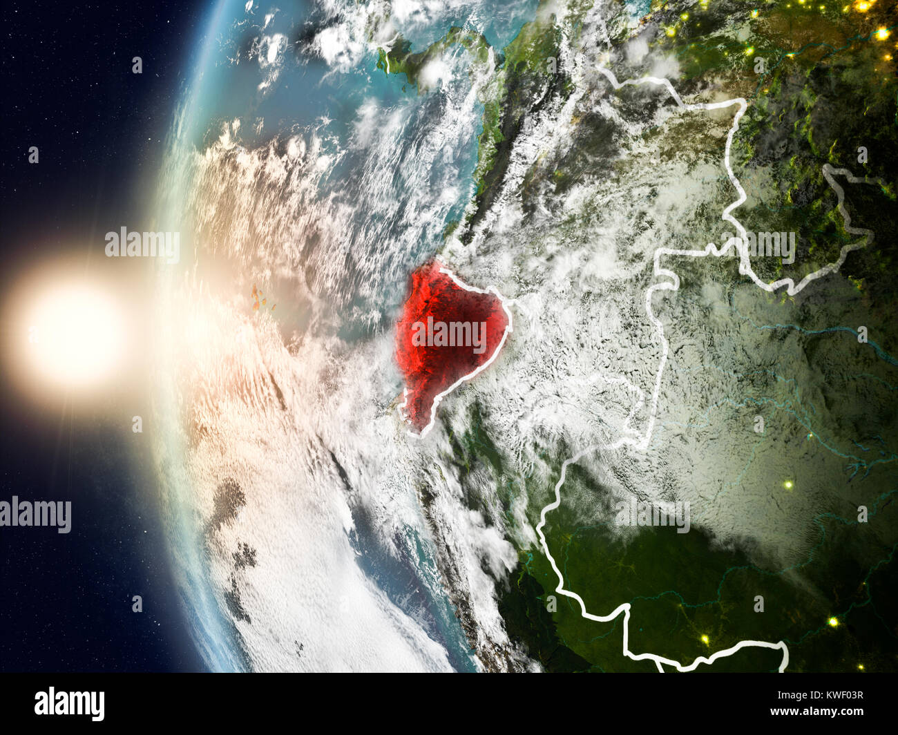 Satellite view of Ecuador highlighted in red on planet Earth with ...
