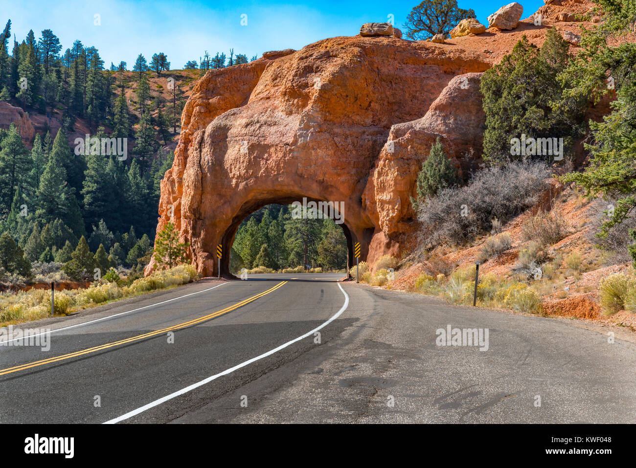 Arch tunnel through rock along scenic highway 12 near Red Canyon. Utah ...