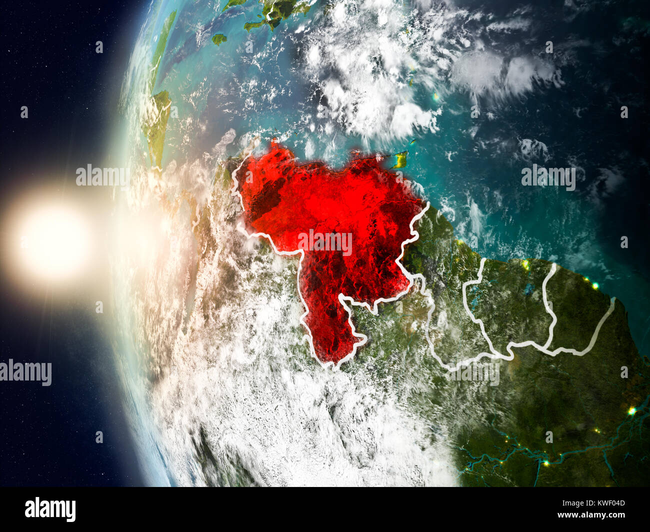 Satellite view of Venezuela highlighted in red on planet Earth with ...