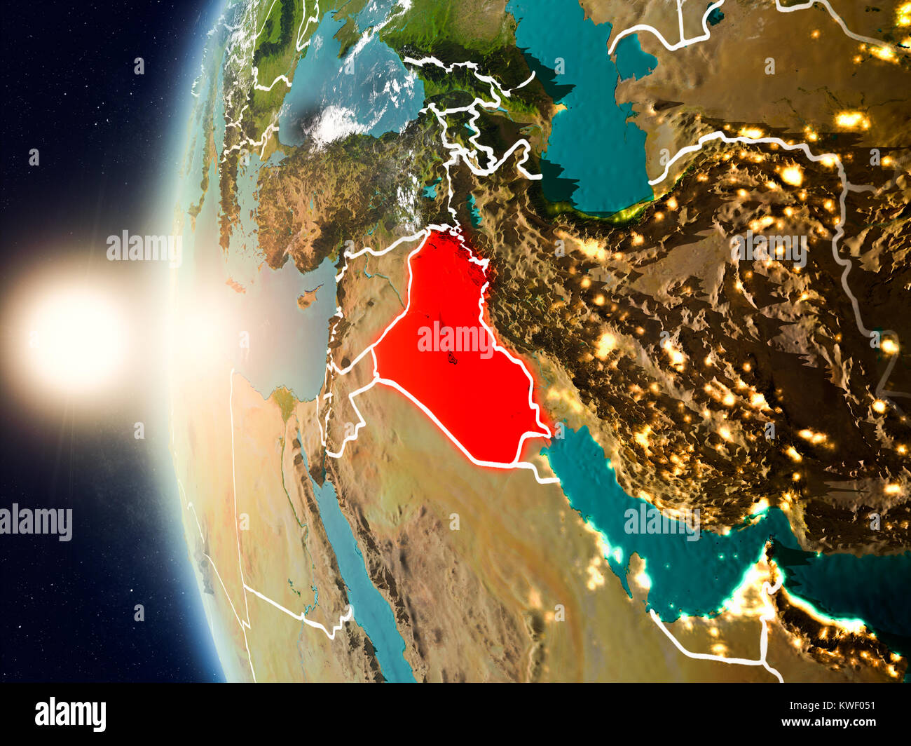 Satellite view of Iraq highlighted in red on planet Earth with clouds ...