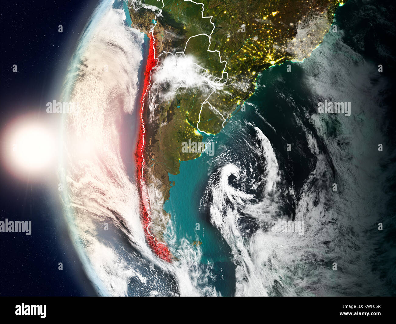 Satellite view of Chile highlighted in red on planet Earth with clouds ...