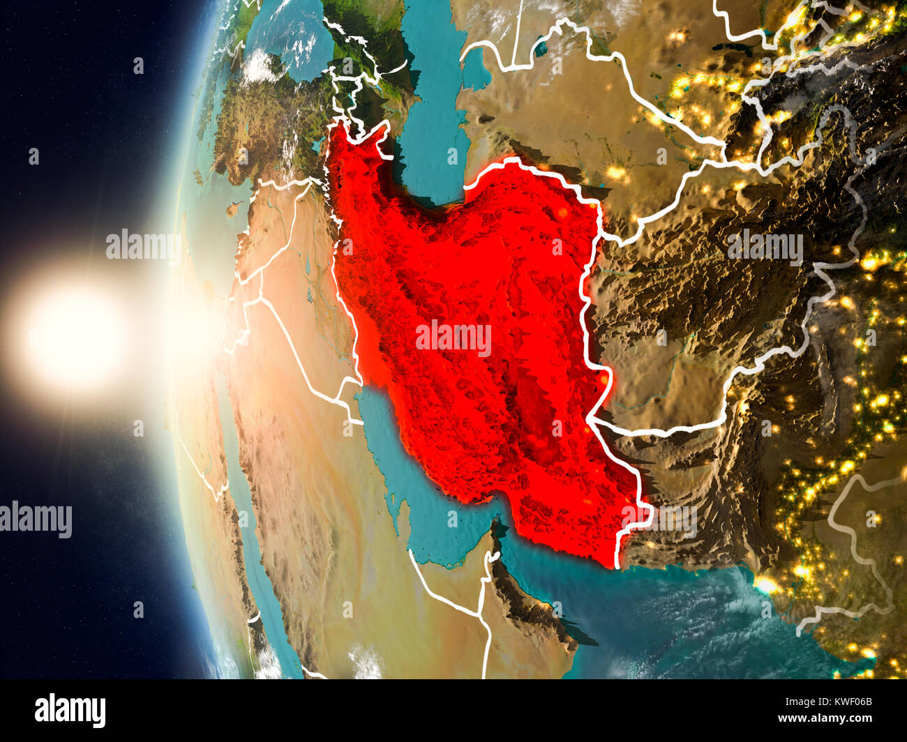 Satellite view of Iran highlighted in red on planet Earth with clouds ...