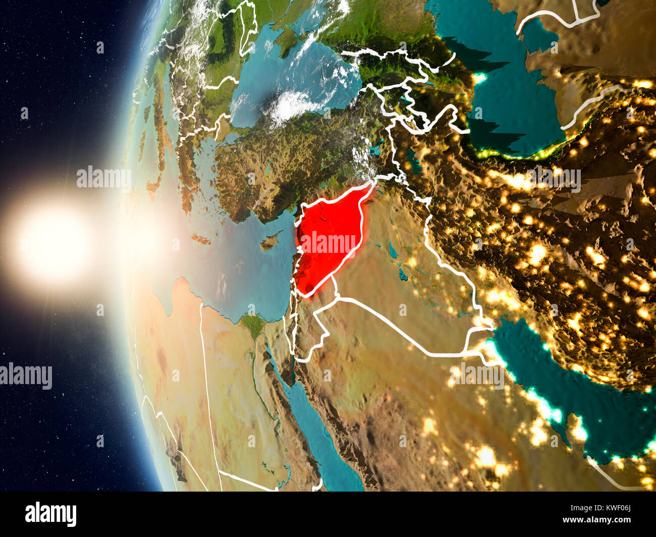 Satellite view of Syria highlighted in red on planet Earth with clouds ...