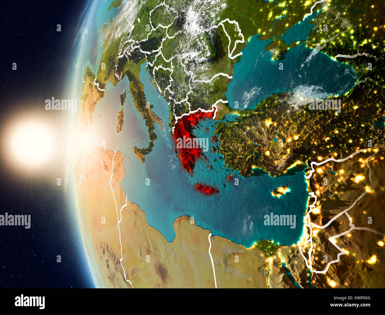 Satellite view of Greece highlighted in red on planet Earth with clouds ...
