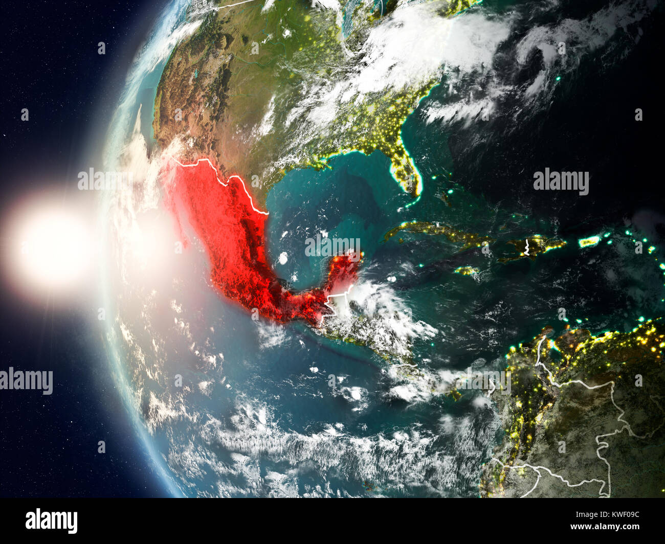 Satellite view of Mexico highlighted in red on planet Earth with clouds ...