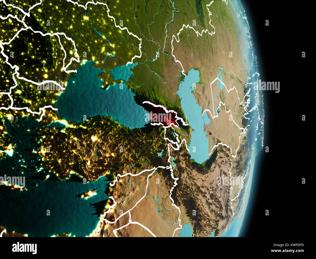 Satellite morning view of Georgia highlighted in red on planet Earth ...